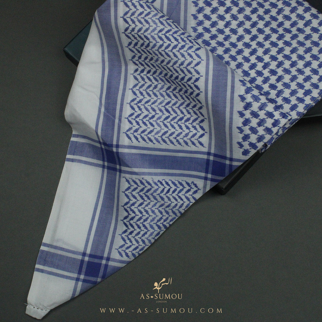 RARE WHITE AND BLUE PREMIUM SHEMAGH SCARF – As-sumou London